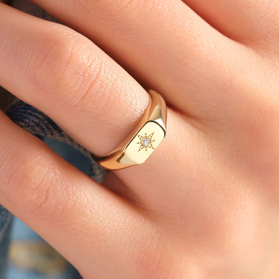 North Star Diamond Signet Ring, Northstar Moissanite Ring Girl, 10K 14K 18K Gold Cz Celestial ...