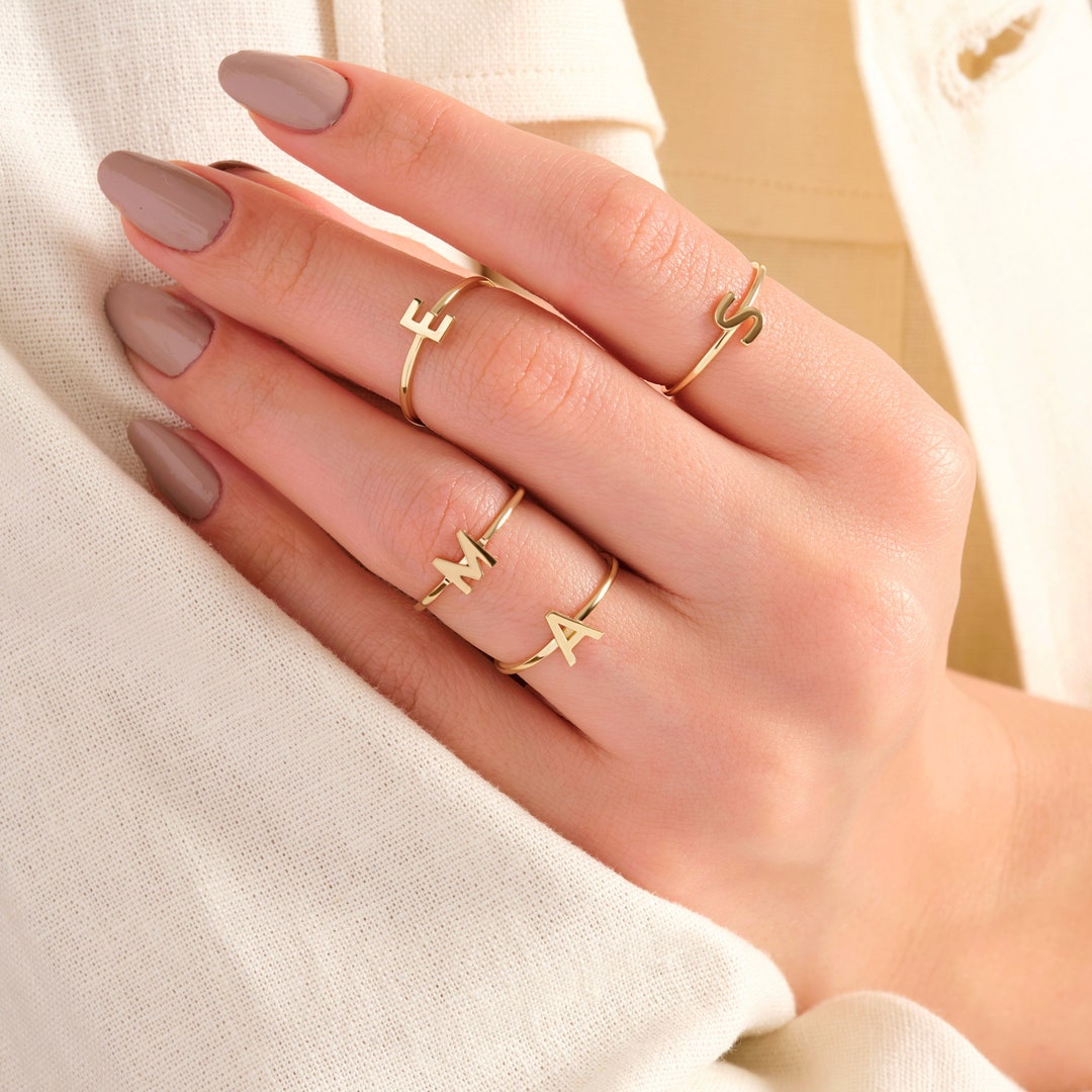 Custom Initial Letter Ring 14K Solid Gold Stackable Rings ...