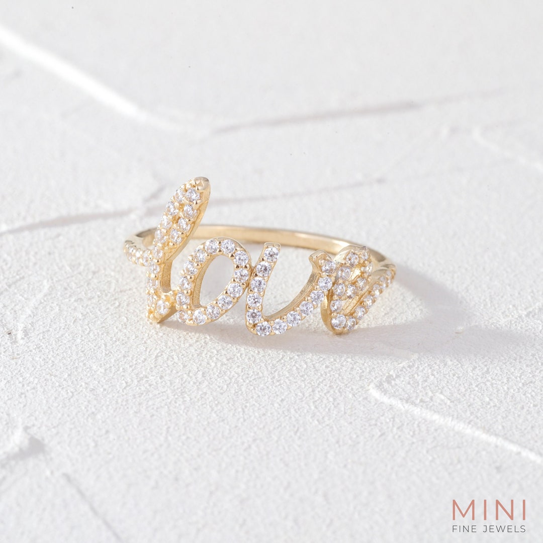Love Script Ring Engagement Ring Love Diamond 14K Solid Gold Band, Love Letter Diamond Wedding ...