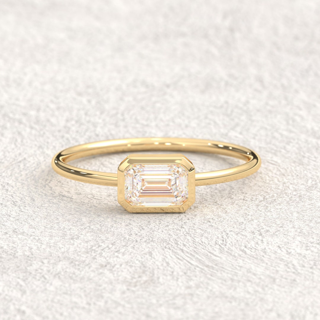 Emerald Cut Bezel Set Diamond Engagement Ring, 18K 14K 10K Gold ...