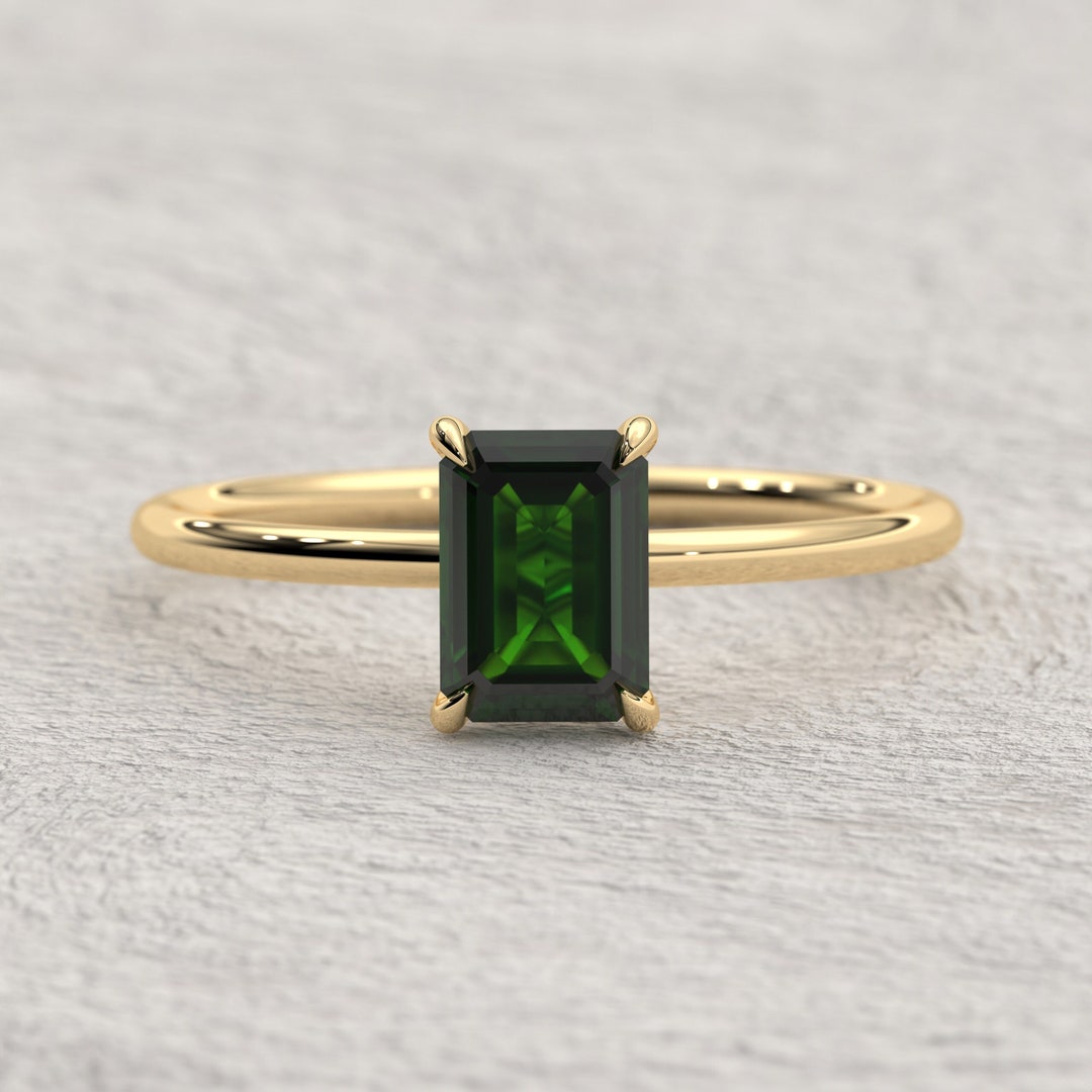 Emerald Cut Emerald Green Ring 14K Solid Gold Band, Solitaire Gemstone ...