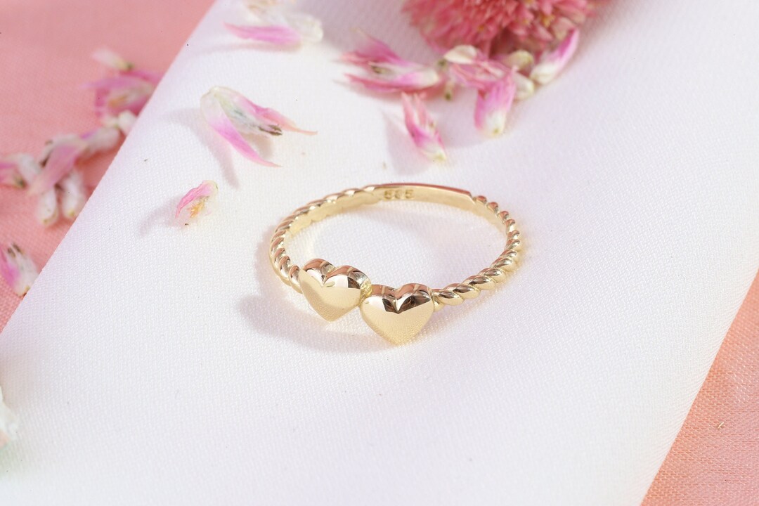 Double Heart Signet Ring 14K Solid Gold Band, Minimalistic Two Heart ...