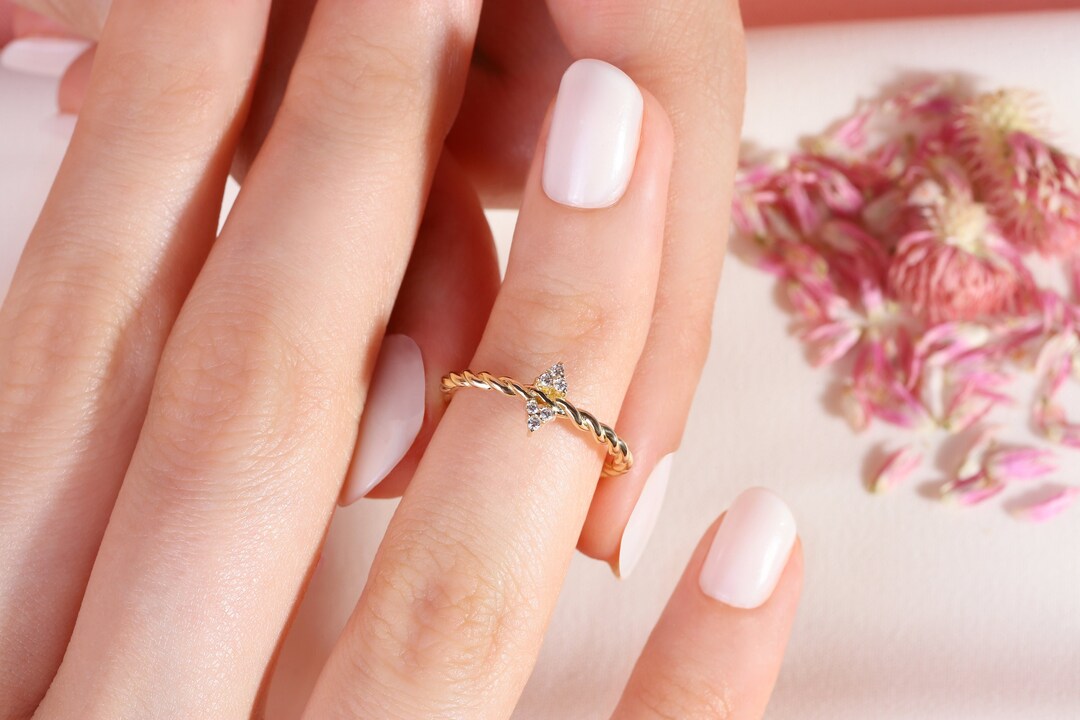 Six Tiny Diamond Ring Round Small Diamond Engagement Ring 14K Solid ...