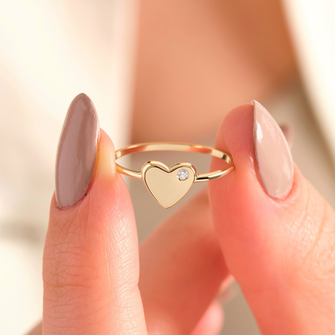 Bezel Diamond Heart Shaped Gold Ring, 10K 14K 18K Cz Engagement Ring Girl, Round Moissanite ...