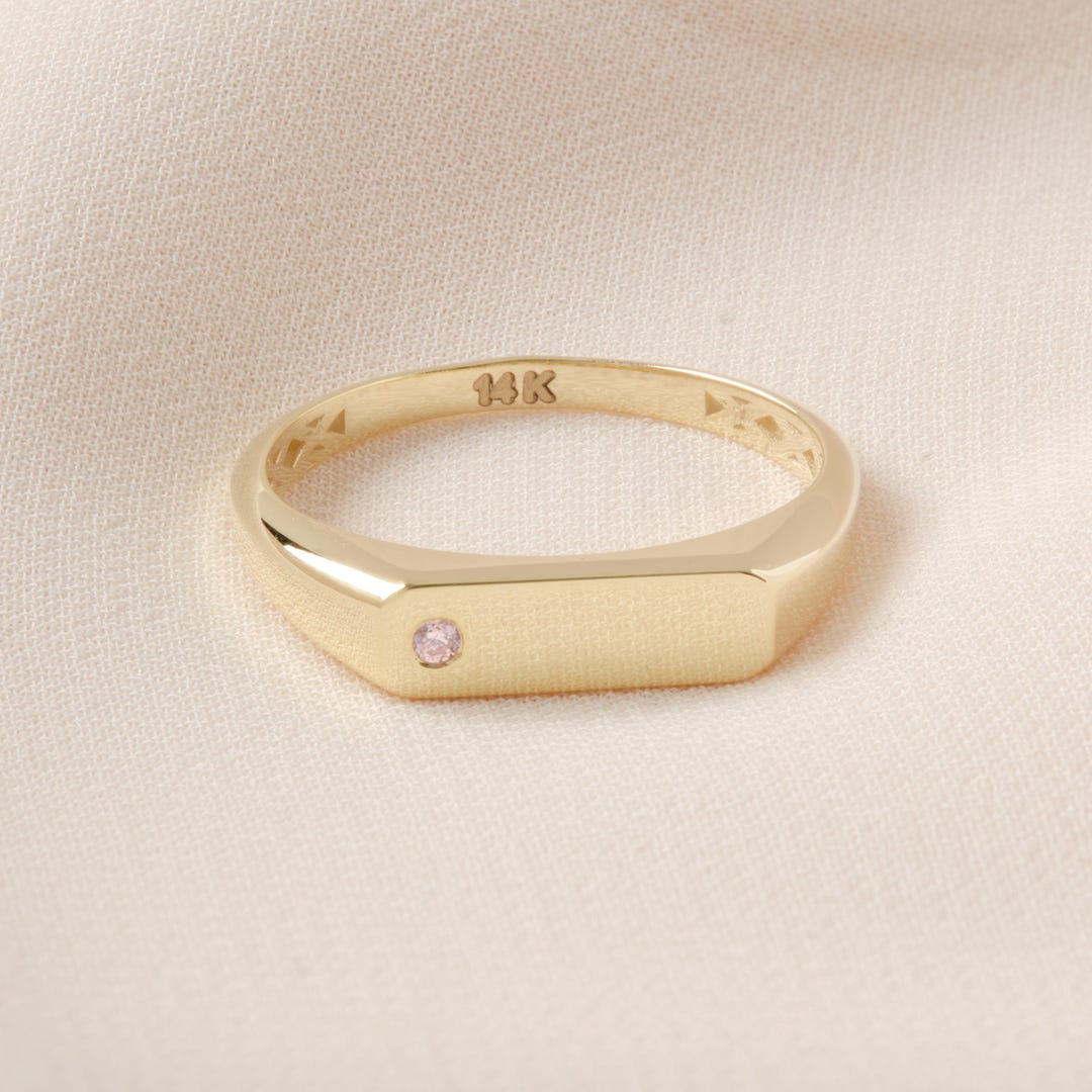 Line Bar Signet Ring With 14K Solid Gold Tiny Diamond, Custom İnitial ...