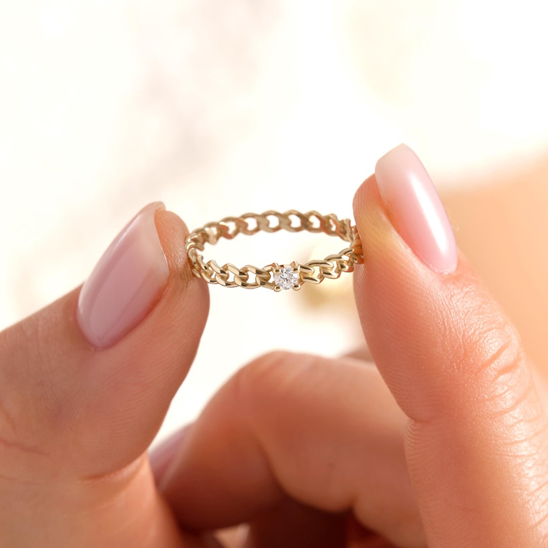 Open Chain Link Ring Round Diamond 14K Solid Gold, Single Diamond Ring ...