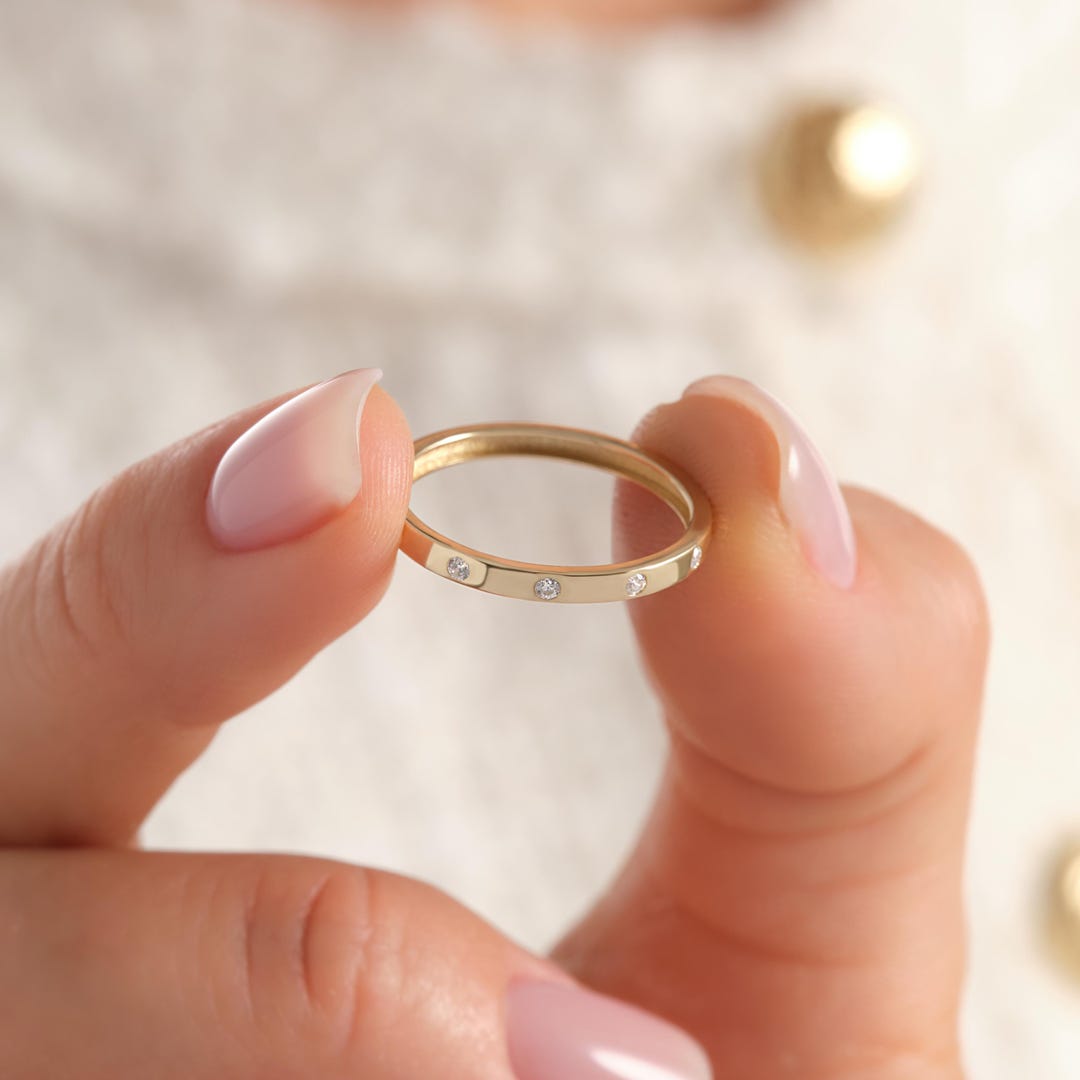 Flush Set Ring Scatter Diamond Wedding Band 14K Solid Gold, Minimal ...