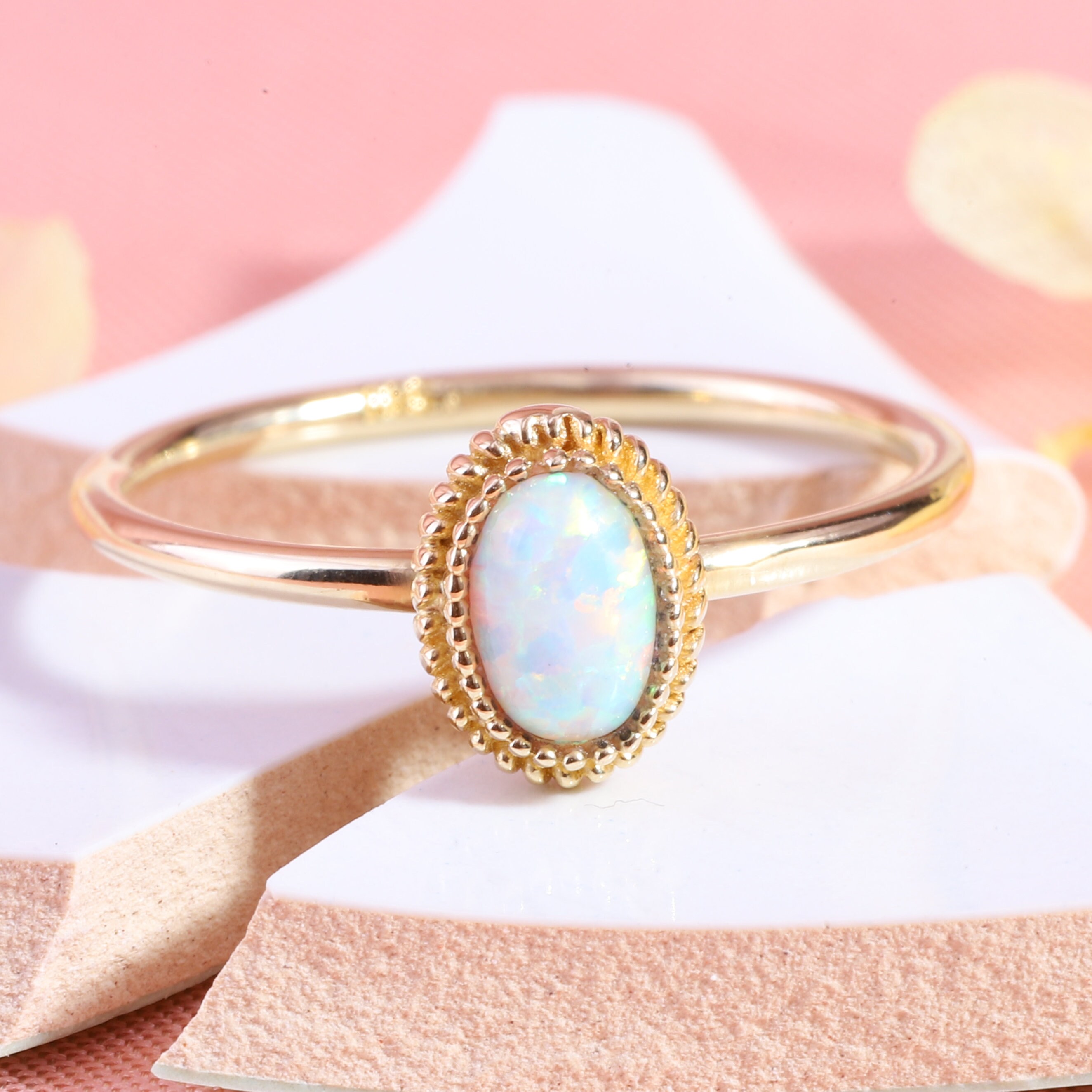 Opal Ring Gold 14K, Delicate Multicolor Opal Birthstone Stacking Ring ...