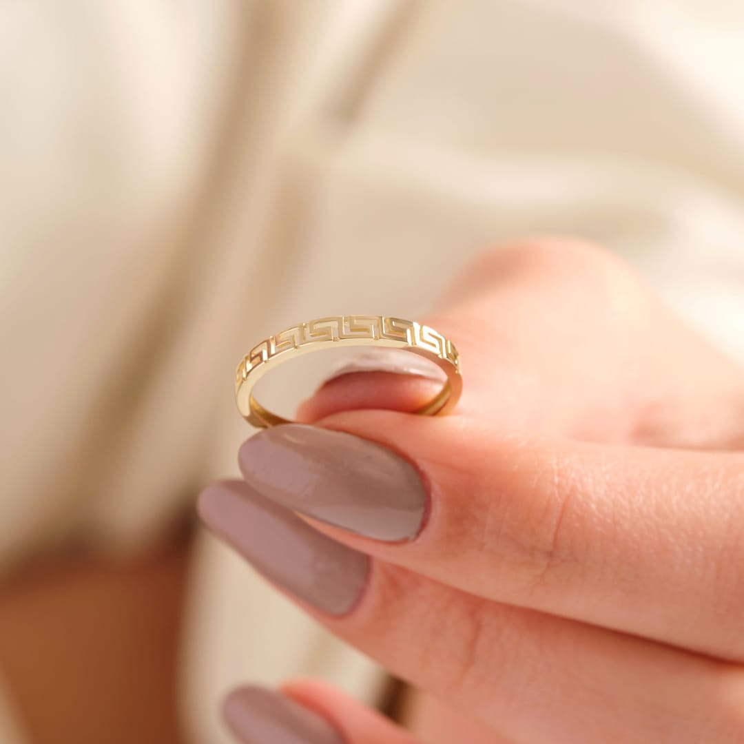 Greek Key Ring 14K Solid Gold Band, Symbolic Meander Ring Women, Greek ...