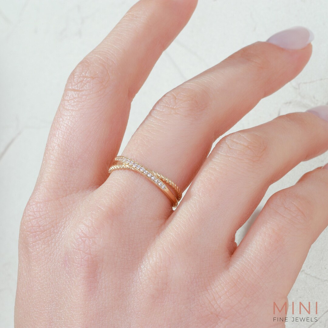 Crossover Diamond Engagement Ring 14K Solid Gold Split Shank Band ...