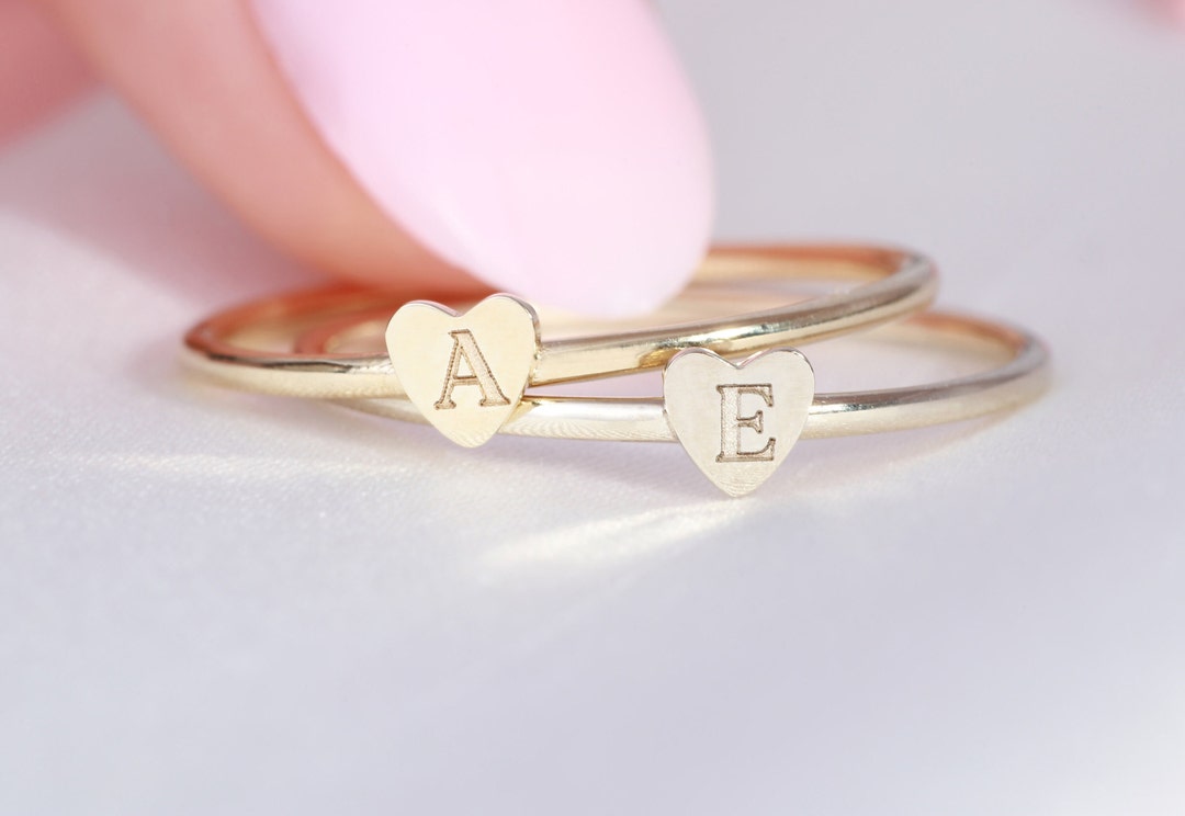 Custom Initial Ring, Heart Ring, Personalized Jewelry, 14K Solid Real ...