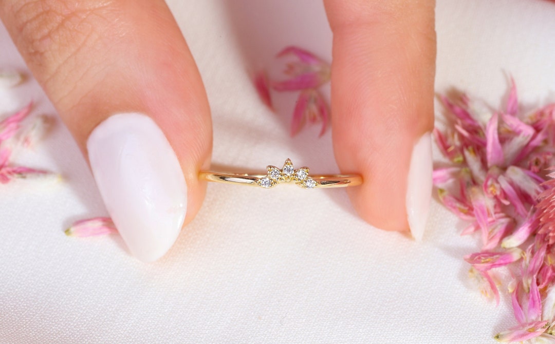 V Shape Tiny Diamond Engagement Ring, Curved Thin Moissanite Combine Wedding Band, 10K 14K 18K ...