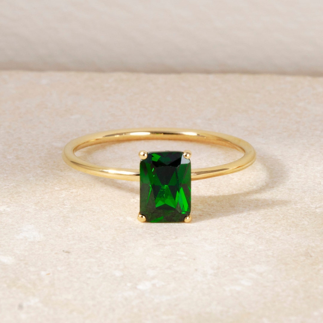 Emerald Green Ring 14K Solid Gold Birthstone Ring, Emerald Cut Emerald Single Rectangle Stone ...