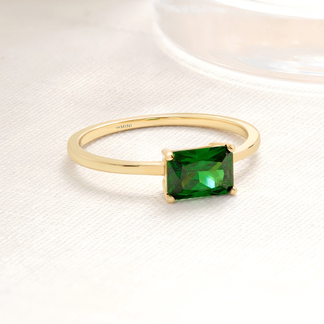 Emerald Ring 14K Solid Gold Birthstone Ring, Emerald Cut Green Promise ...