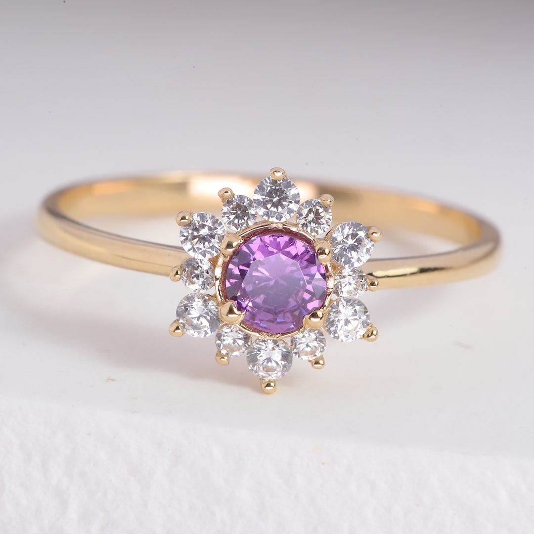 14K Gold Amethyst Engagement Ring, Stacking Birthstone Handmade Jewelry ...