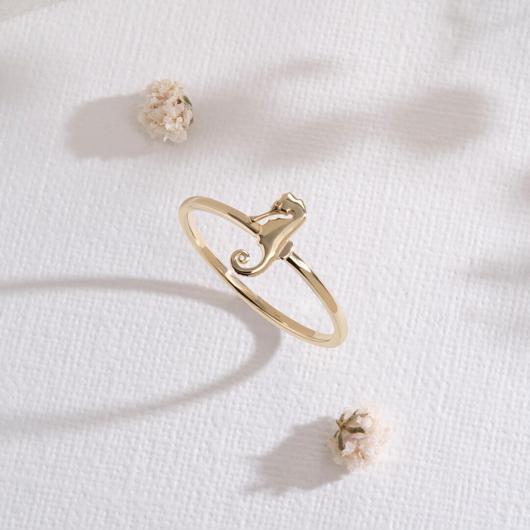 Seahorse Ring 10K 14K 18K Solid Gold, Sea Horse Stacking Ring Women ...