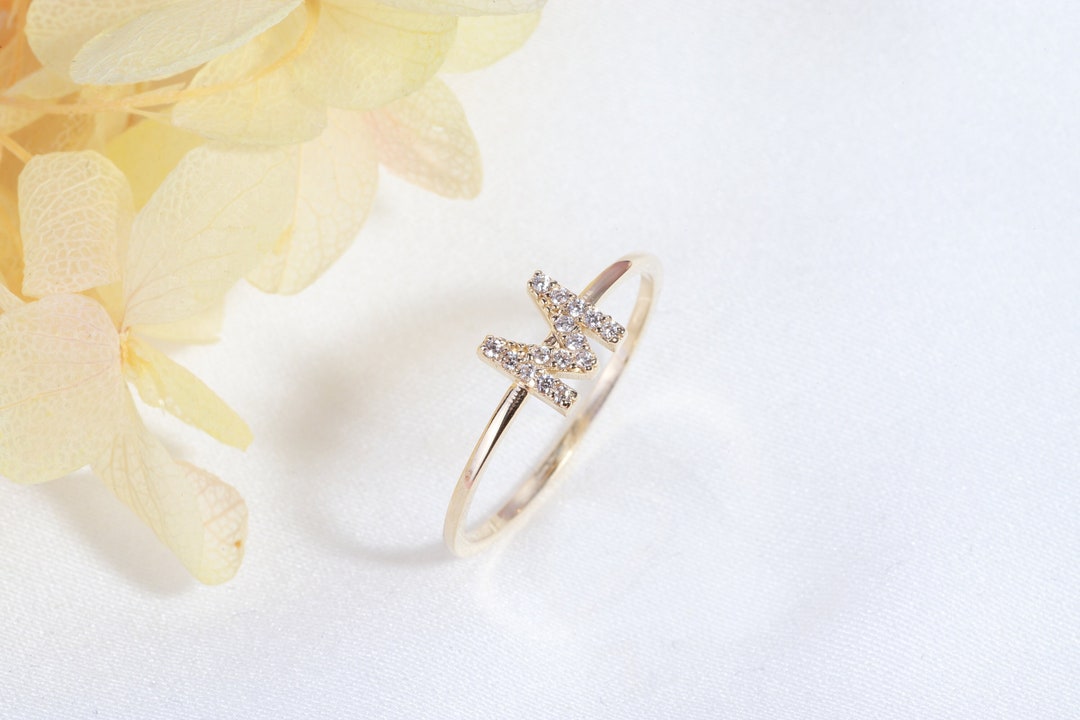 Custom Letter Ring 14K Solid Gold Diamond Initial Ring, Personalized Moissanite Ring Word ...