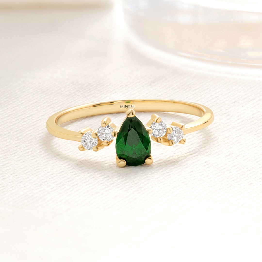 Teardrop Emerald Engagement Ring 14K Solid Gold Side Diamond, Pear Cut Emerald Green Wedding ...