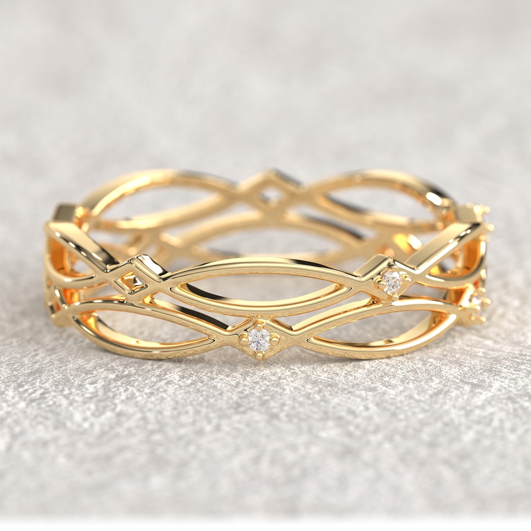 Lace Celtic Diamond Engagement Ring, 14K Gold Vine Wedding Band Her ...
