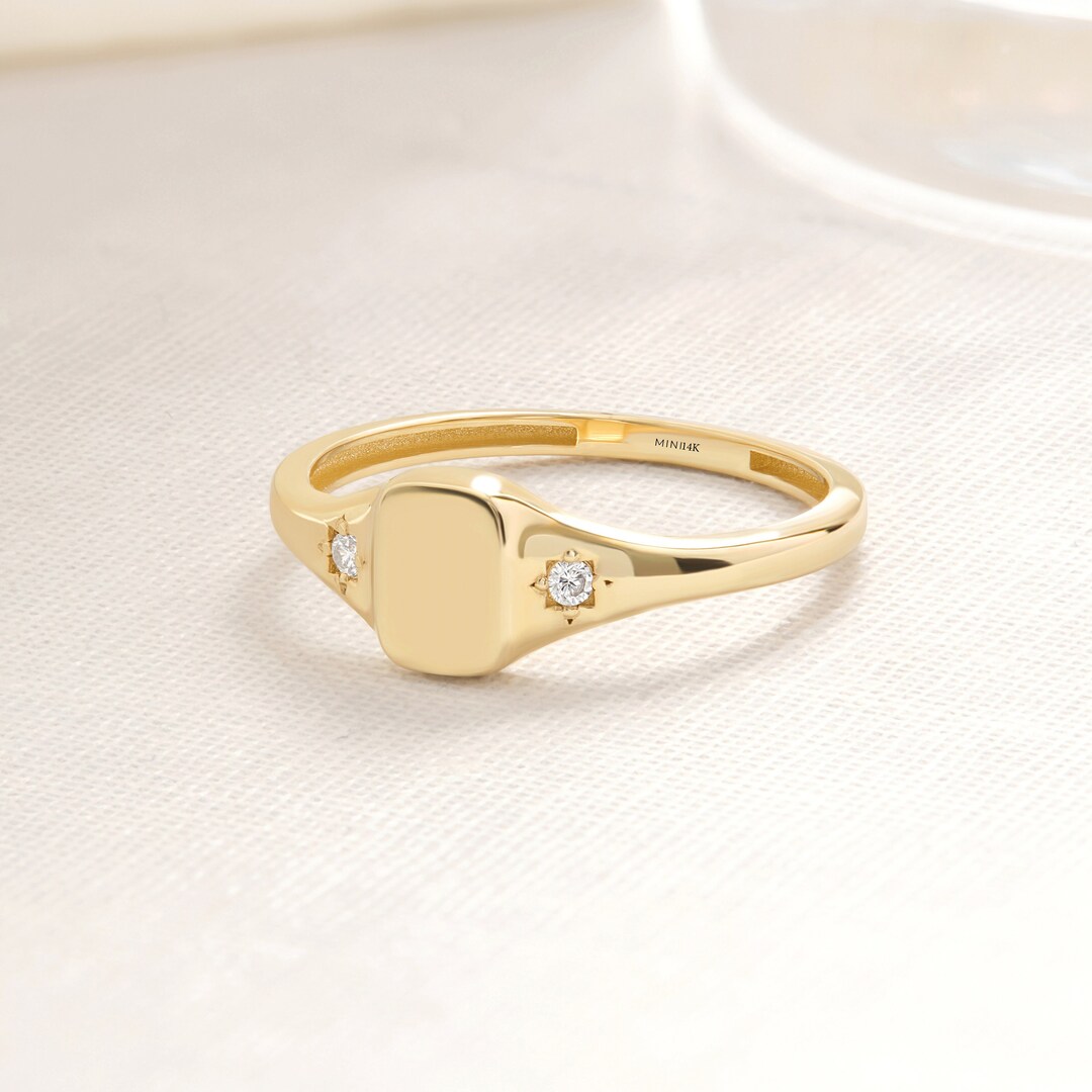 Custom Square Signet Initial Ring Two Diamond, 10K 14K 18K Chunky ...