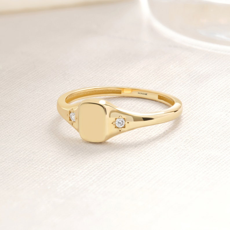 Custom Square Signet Initial Ring Double Diamond, 10K 14K 18K Chunky ...