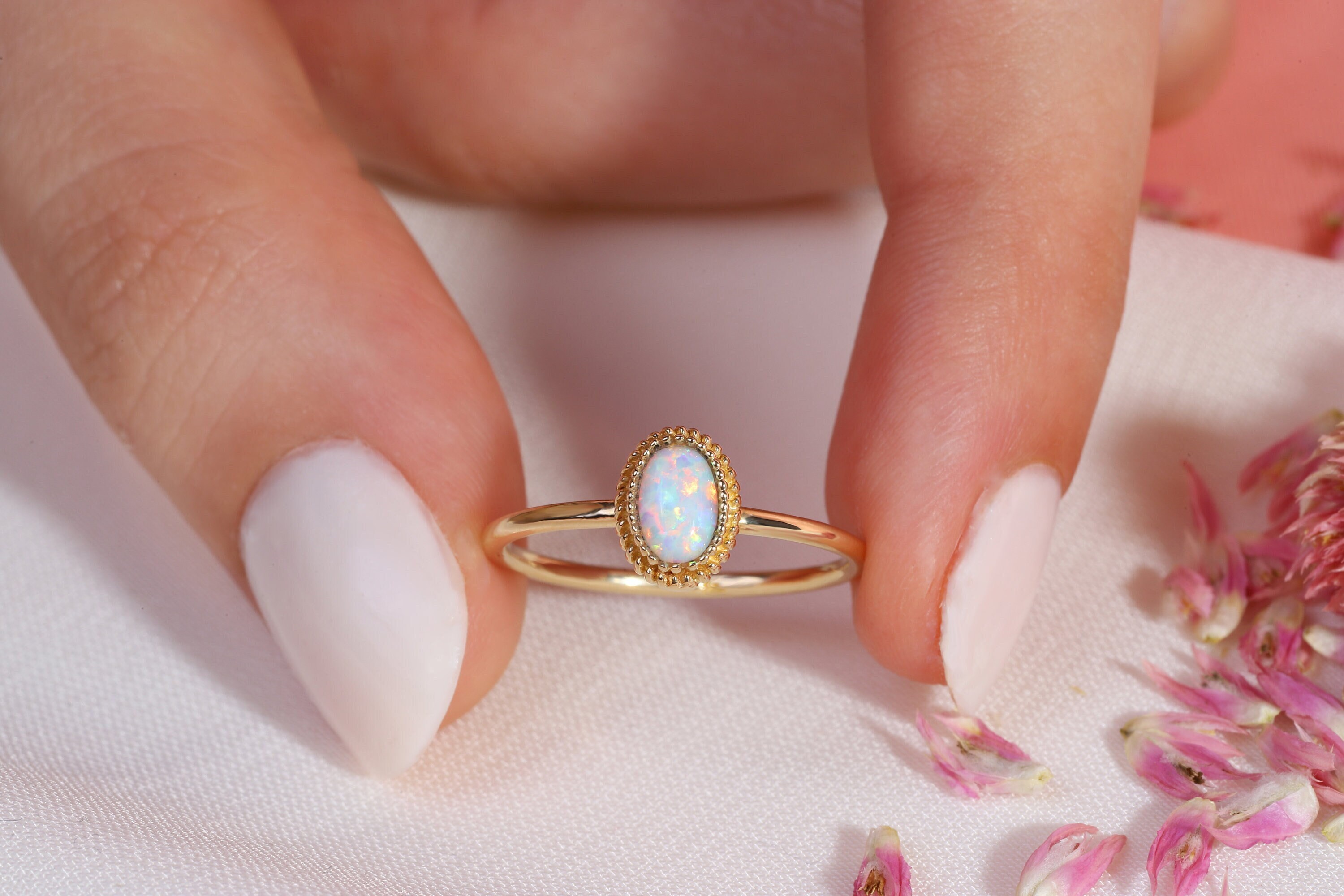 Opal Ring Gold 14K, Delicate Multicolor Opal Birthstone Stacking Ring ...