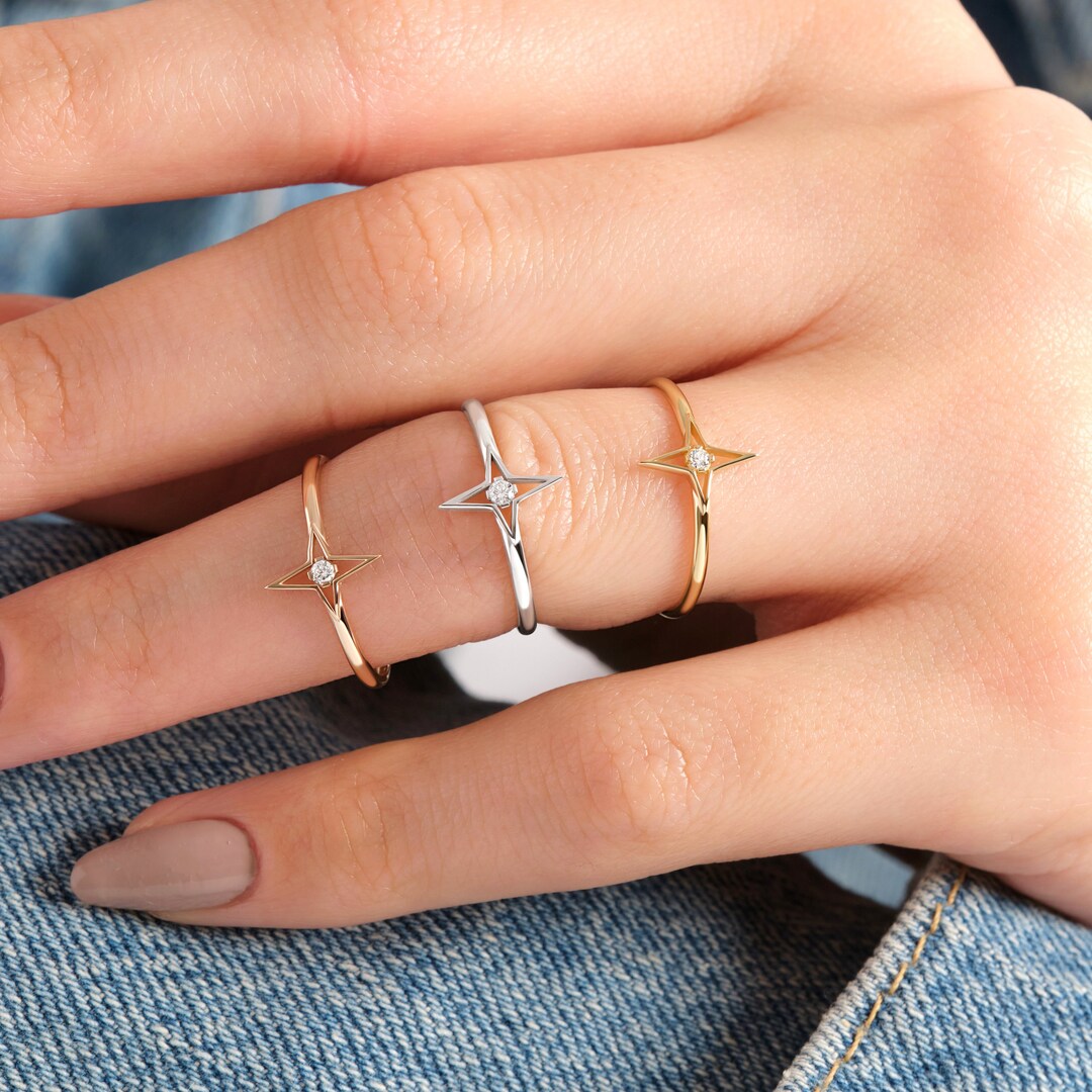 Thin Diamond North Star Ring 14K Solid Gold Stackable Ring, Spike Northern Star Round Moissanite ...