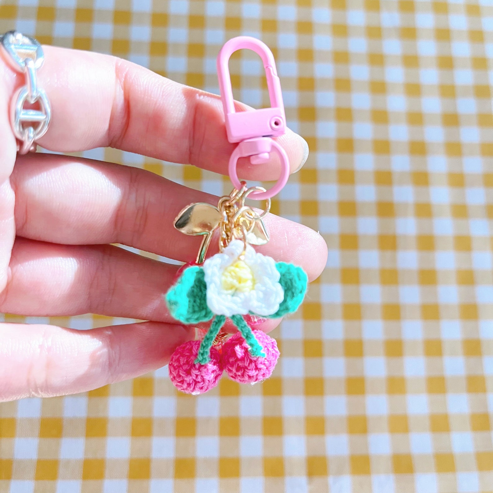 Cute Knitted Pink and Red Cherry Keychain, Cherry Flower Heart Phone ...