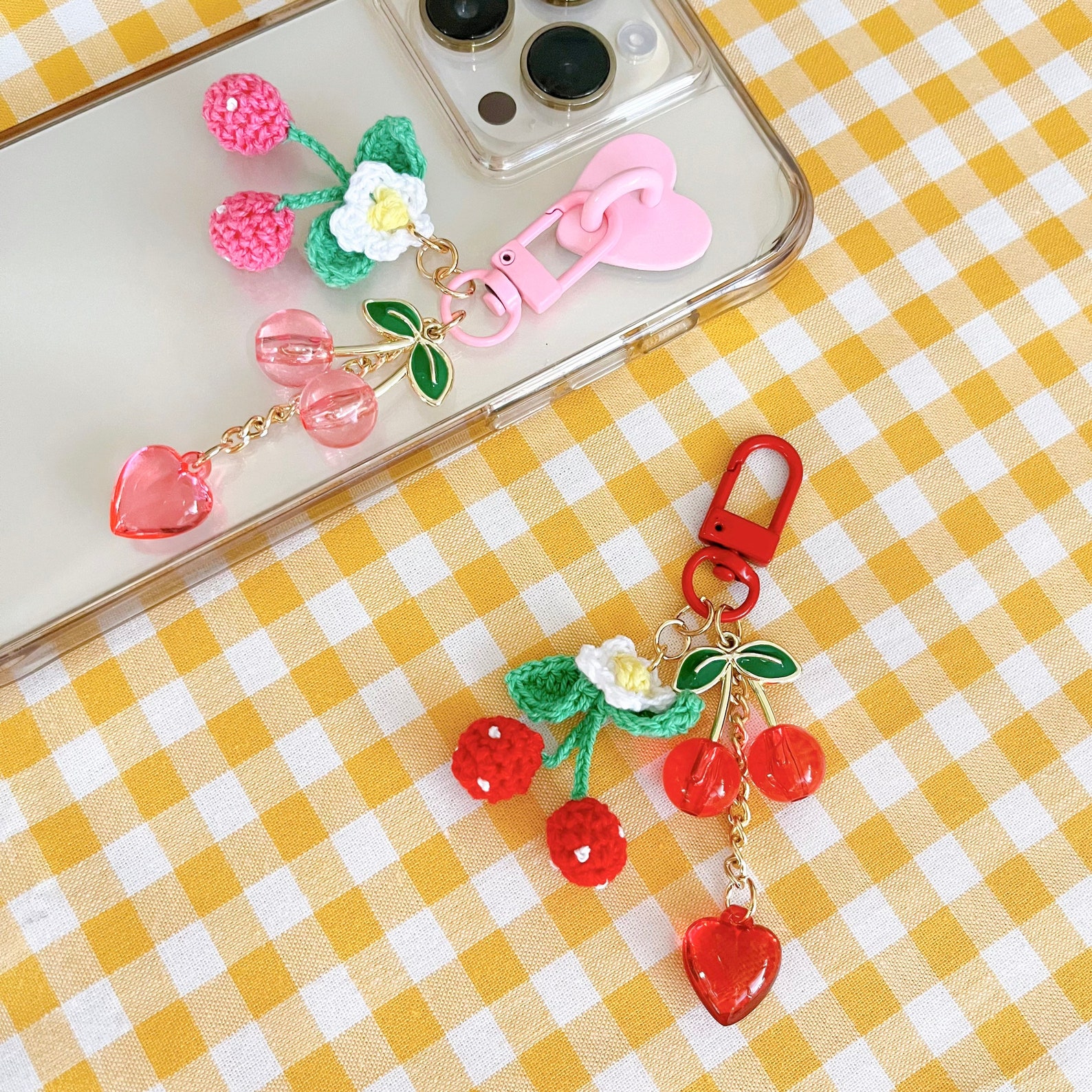 Cute Knitted Pink and Red Cherry Keychain, Cherry Flower Heart Phone ...