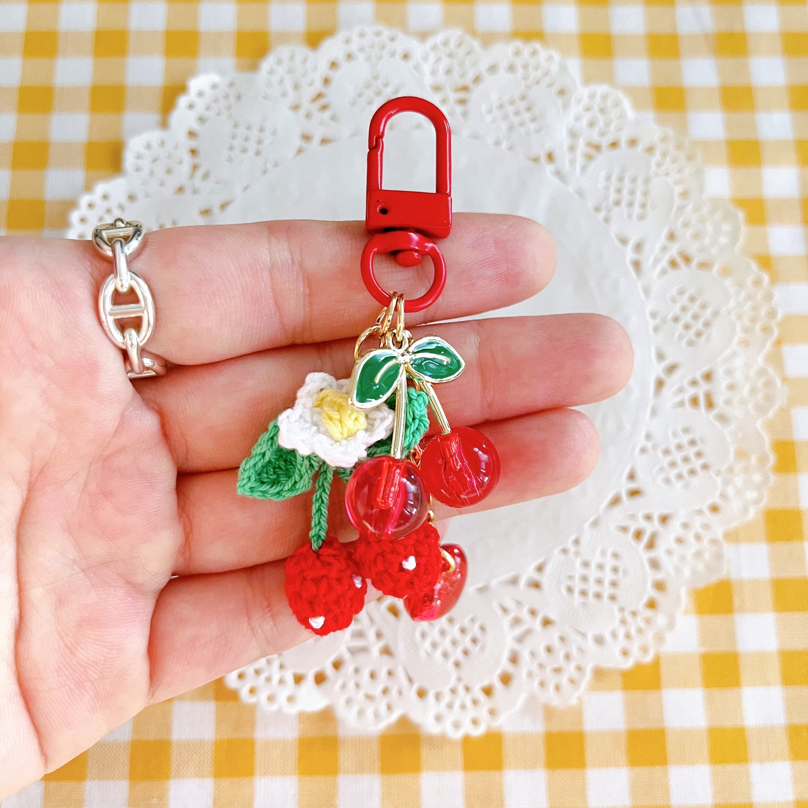 Cute Knitted Pink and Red Cherry Keychain, Cherry Flower Heart Phone ...