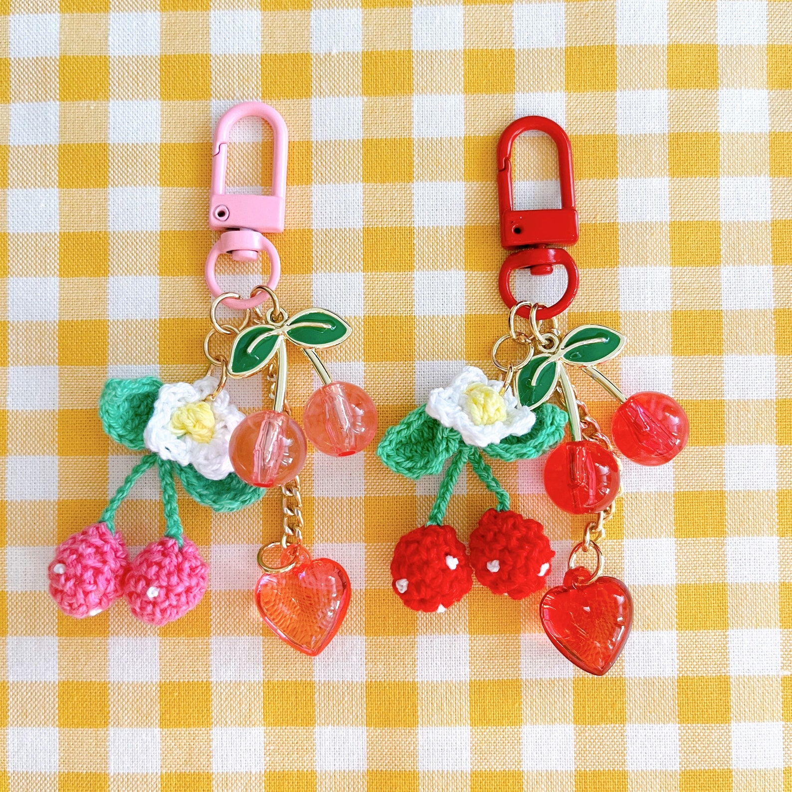 Cute Knitted Pink and Red Cherry Keychain, Cherry Flower Heart Phone ...