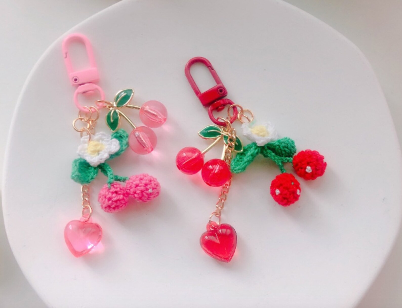 Cute Knitted Pink and Red Cherry Keychain, Cherry Flower Heart Phone ...