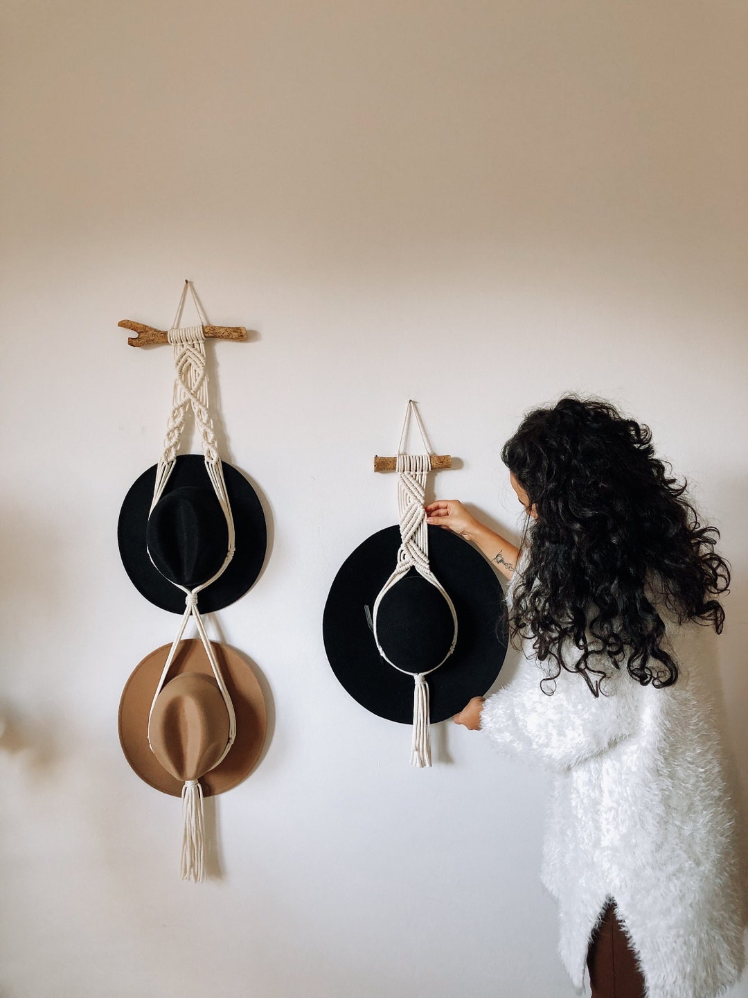 Macrame Hat Hanger, Double Macrame Hat Holder, Boho Hat Organizer ...