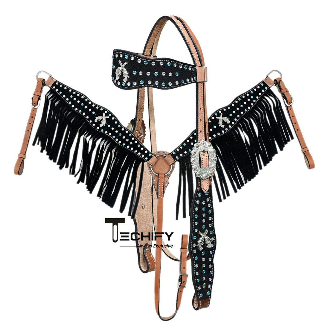 Black Leather Headstall Western Horse Trail Barrel Racing Bridle Fringe ...