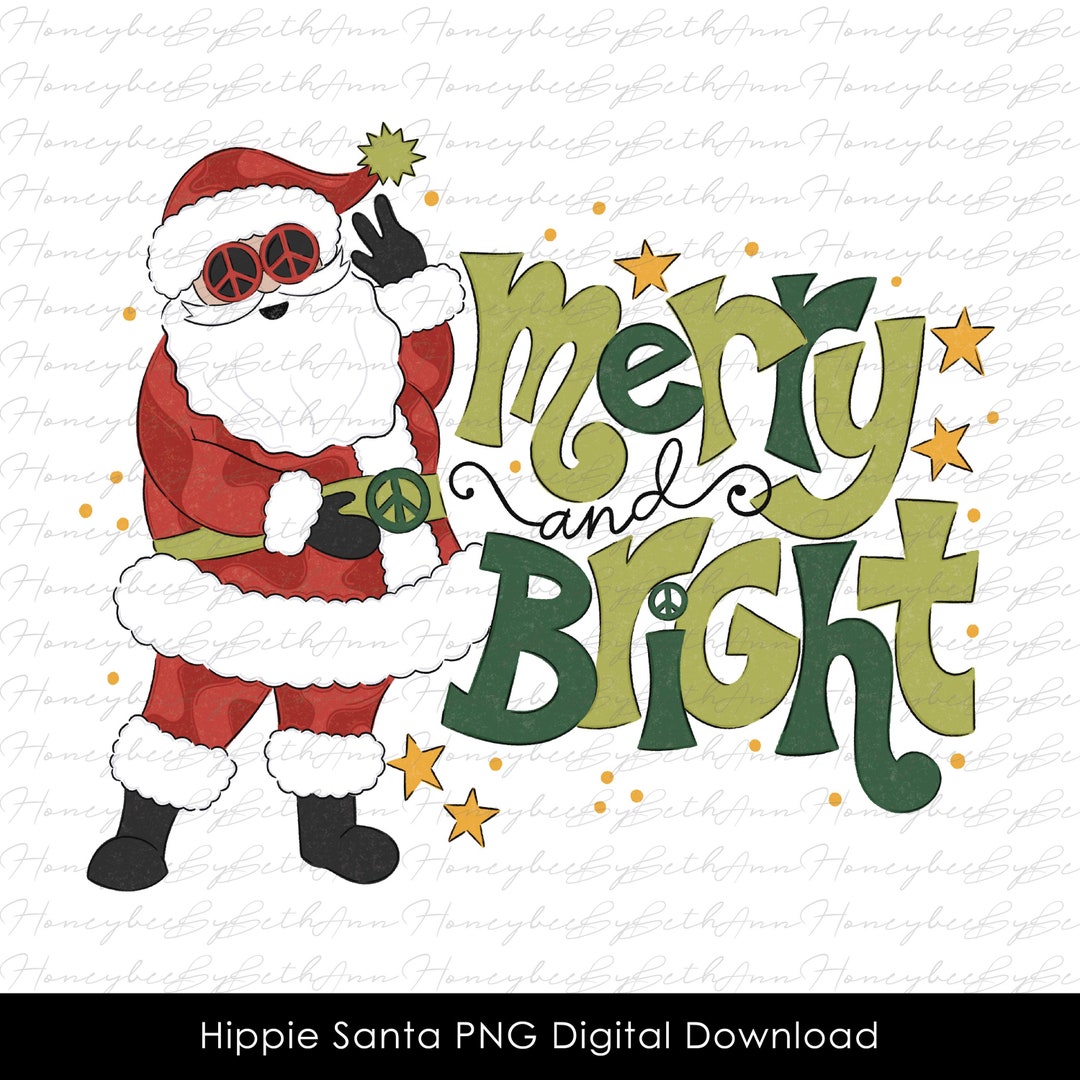 Hippie Santa Png, Retro Santa Png, Merry and Bright Png, Retro ...