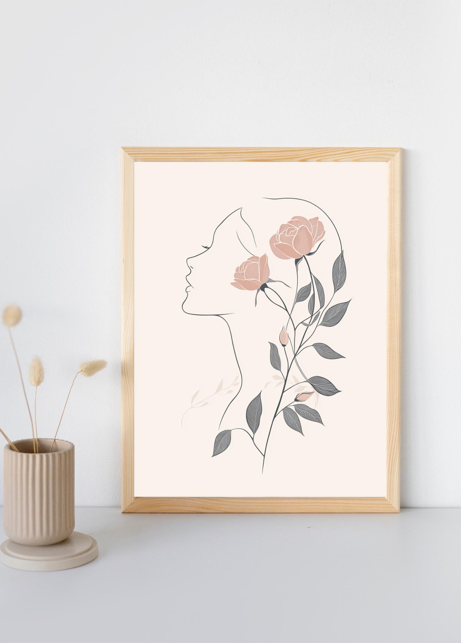 Minimalist Female Silhouette Line Art With Floral Elements - Modern ...