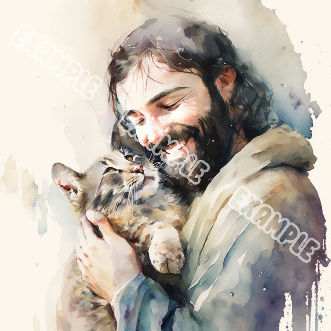 Jesus and Cat Watercolor - Christian Art, Pet Loss Sympathy Gift ...