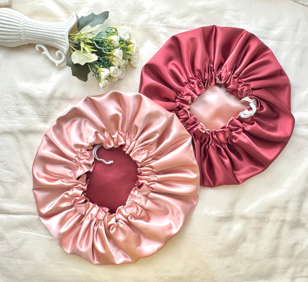 Reversible Satin Sleep Cap Salmon and Burgundy - Adjustable Elastic ...