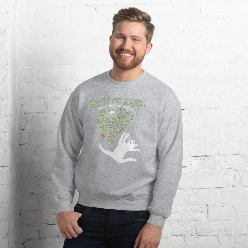 Went Out on a Limb Falling Cat With Spider Unisex Sweatshirt Choose Navy, Red, Royal, Sand, or ...