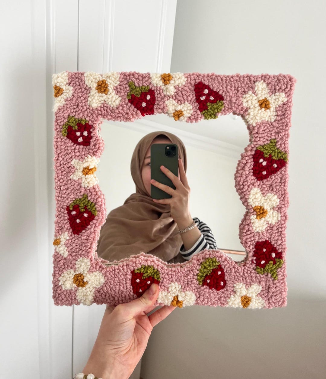 Punch Needle Mirror, Strawberry Mirror, Punch Needle Wall Hanging ...