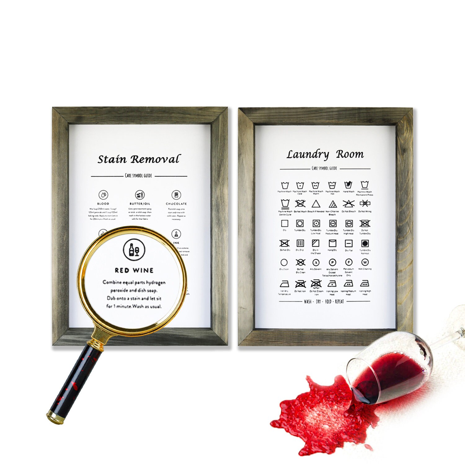 Wood Framed Laundry Symbols Signs I Stain Removal Guide I Laundry Room ...