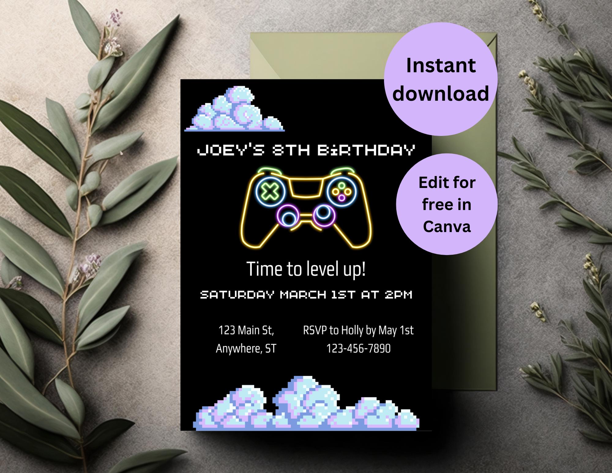 Video Game Birthday Invitation – Canva Template, Gamer Party (digital ...