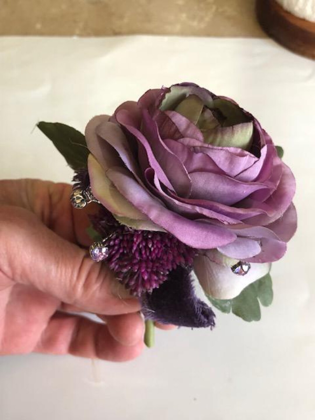 CORSAGE PIN ON Purple Cabbage Rose Embellished Easter, Prom, Mother's ...