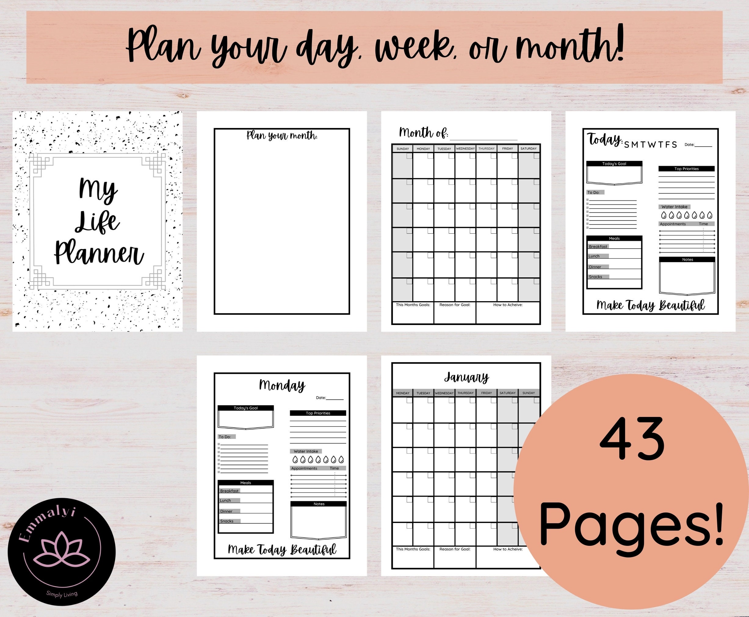 Black and White Printable Planner, Weekly Planner, Daily Planner ...