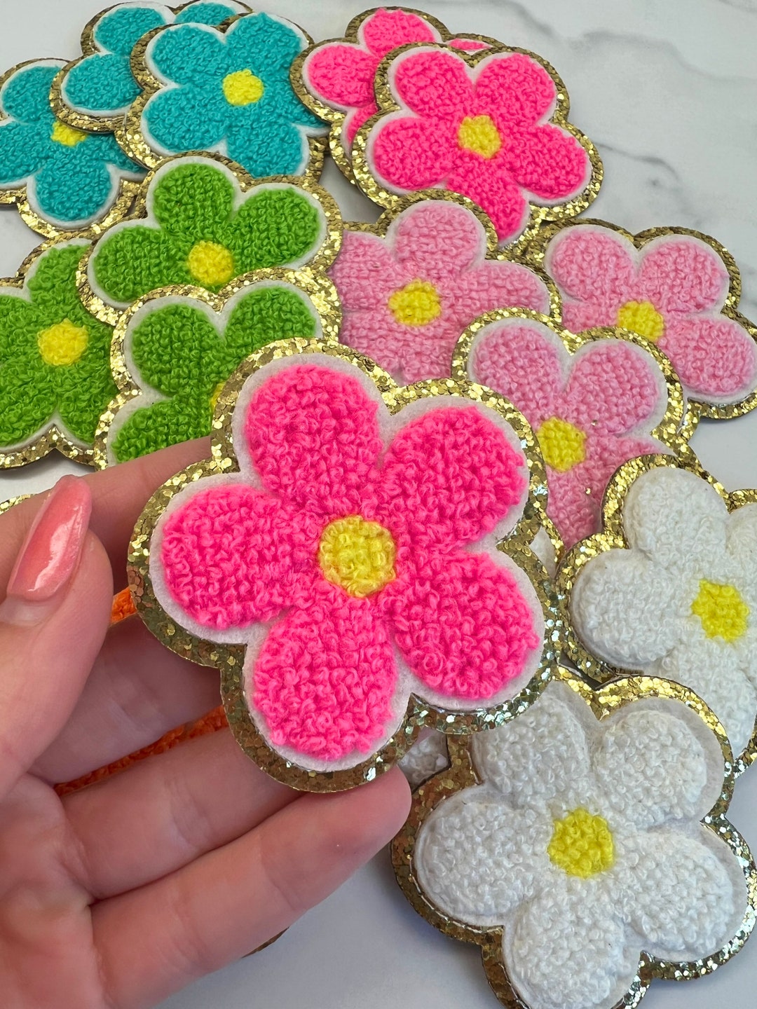 2.4" Flower Adhesive Iron on Sticker Chenille Glitter Patch DIY Gift - Etsy