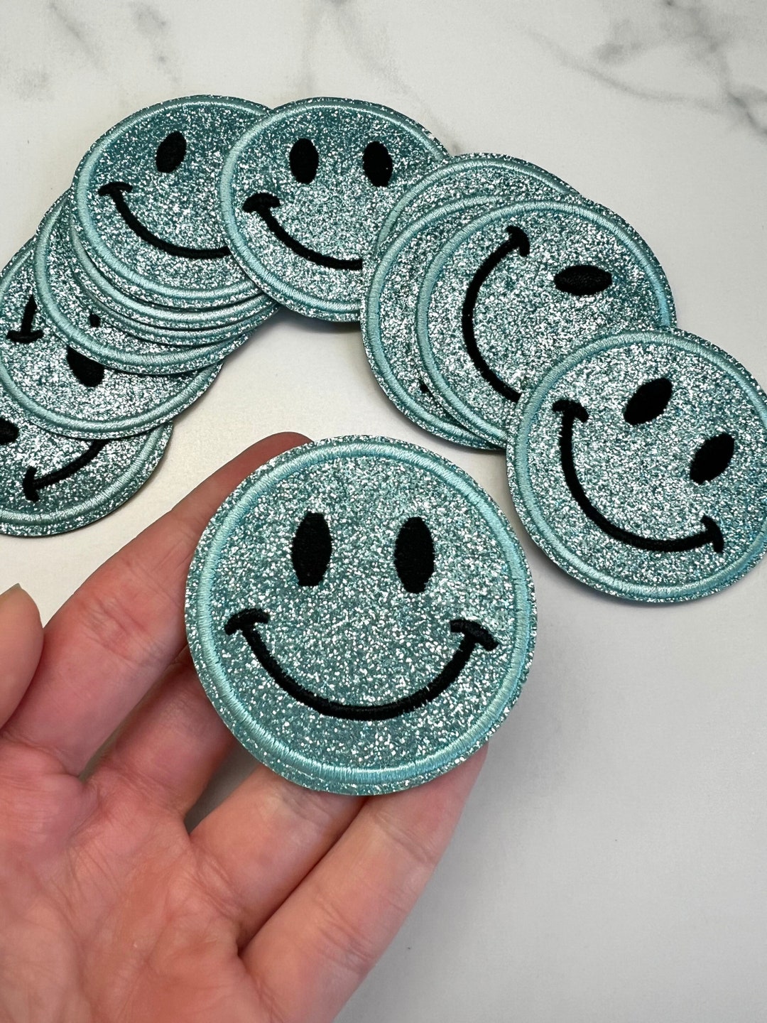 2.1" Blue Glitter Smiley Face Iron on Patch DIY - Etsy