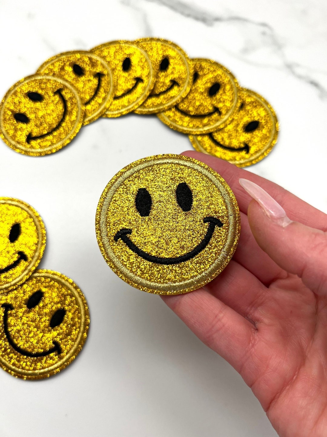2.1" Yellow Gold Glitter Smiley Face Iron on Patch DIY - Etsy