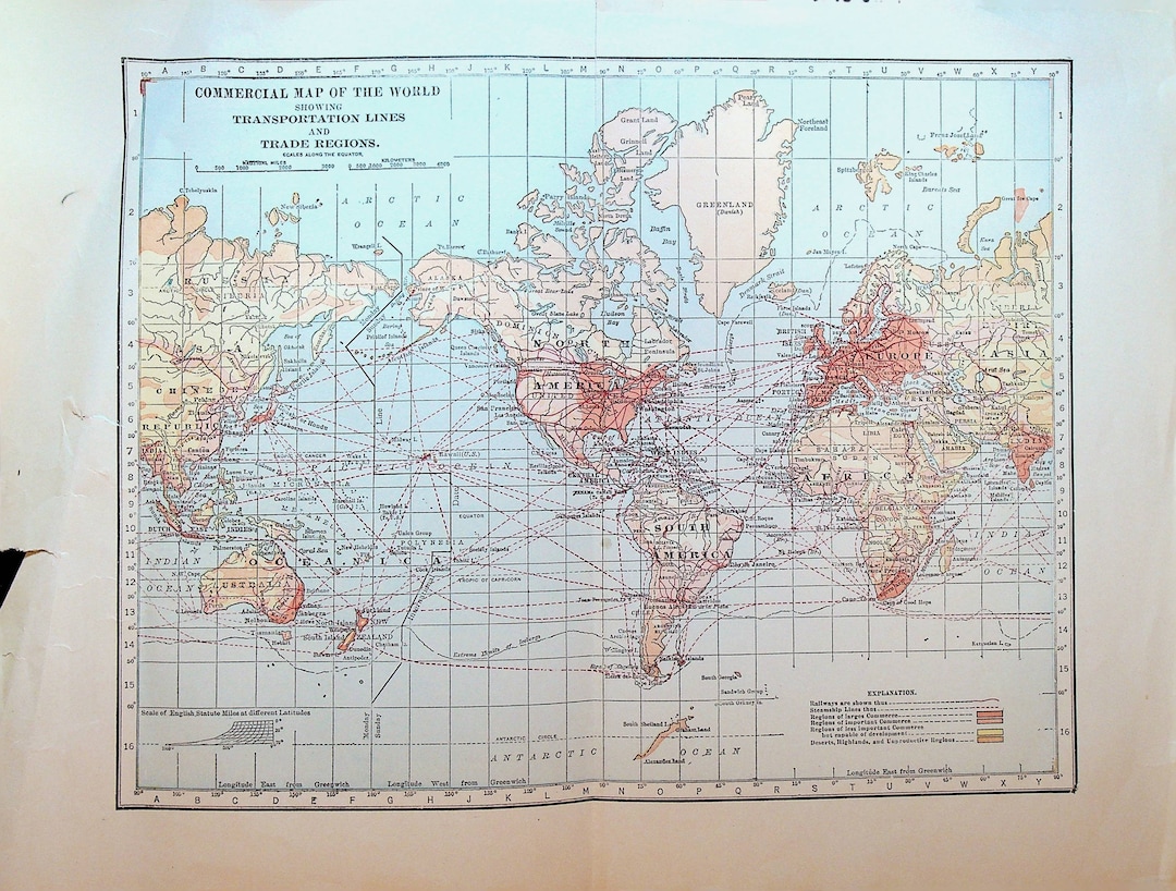 Commercial Map of the World Showing Transportation Lines and Trade ...