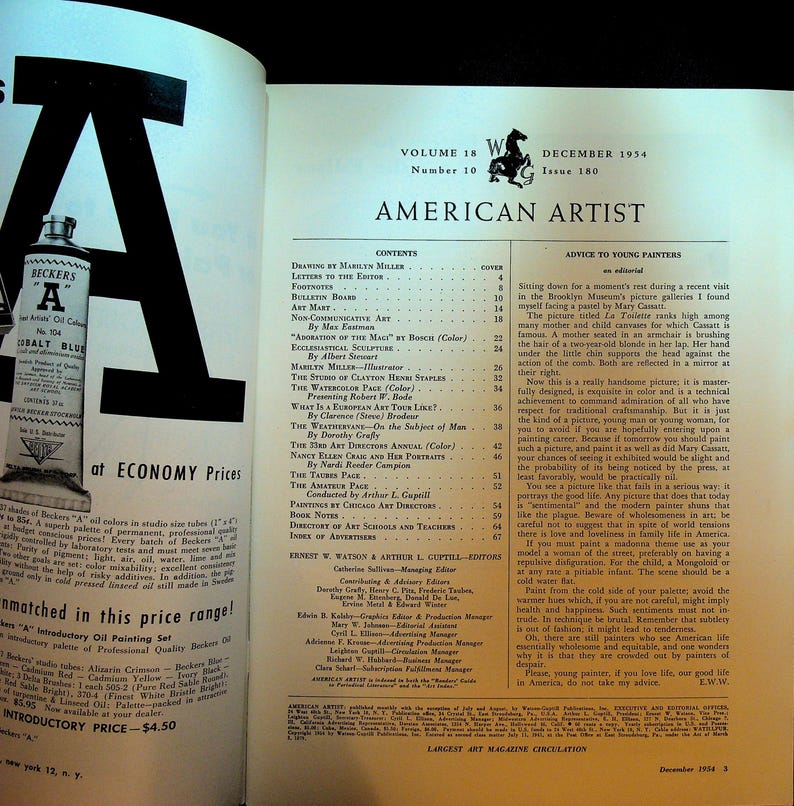 American Artist Magazine December 1954 Marilyn Miller Nancy Ellen Craig ...