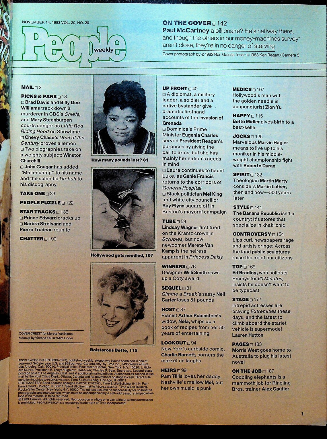 People Magazine November 14 1983 Paul Mccartney Bette Midler Luke and ...